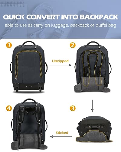 Hynes Eagle 2 in 1 Travel Backpack 22 inches Carry on Luggage 63L Rolling Backpack for Men Women with Packing Cubes 3PCS Set