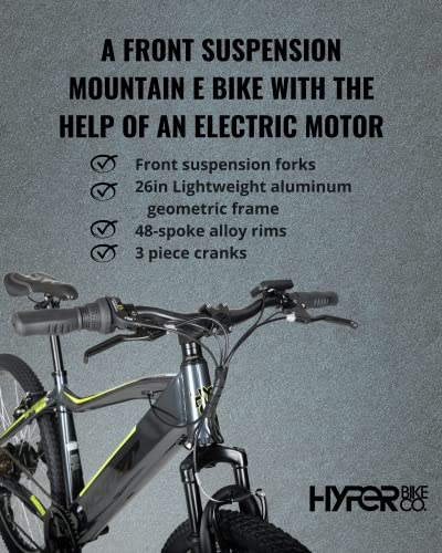 Hyper E-Ride Electric Mountain Bike for Adults 26 Inch. 250w, 36v Battery, Mountain Ebike with Shimano 6-Speed with Front Dual Shock Absorber. Electric Bicycle for Adults.