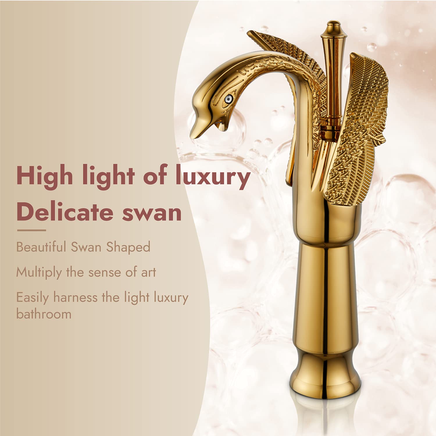 Cinwiny Swan Faucet Bathroom Sink Faucet Polished Gold Swan Shaped Single Handle One Hole Tall Lavatory Basin Tap Mixer Deck Mount Bird Faucet