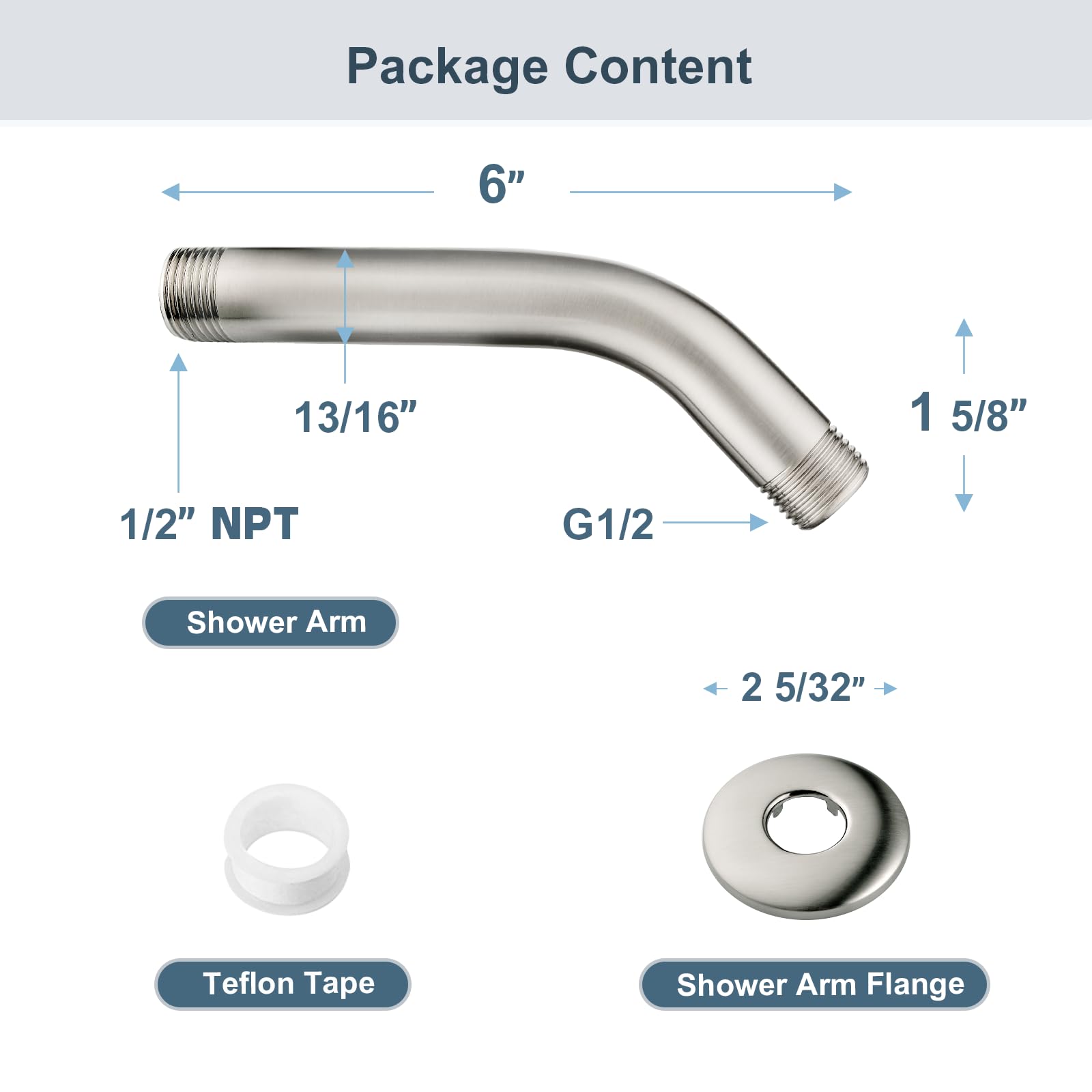 BRIGHT SHOWERS 6 Inch Brass Shower Arm with Flange Shower Pipe Arm for Wall Mount Fixed and Handheld Shower Head, Brushed Nickel
