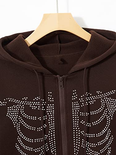 Floerns Women's Long Sleeve Zip Up Skeleton Hoodie Graphic Sweatshirt Jackets Coffee Brown L