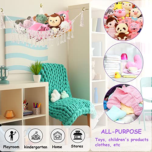 Stuffed Animal Hammock Macrame with Light and Storage Bag, Toy Hammock Corner Organizer Display Holder Net for Hanging Toy Storage and Home Cleaning(Beige)
