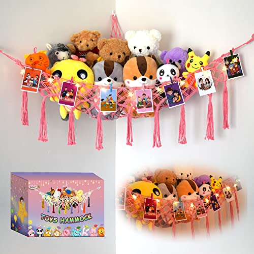 Stuffed Animal Toy Hammock 59" x 47" x 47", Boho Macrame Toys Storage with Colorful Tassels, Large Hanging Net Display Holder for Plush Toys, Nursery Décor with LED Light and Photo Clips (Pink)