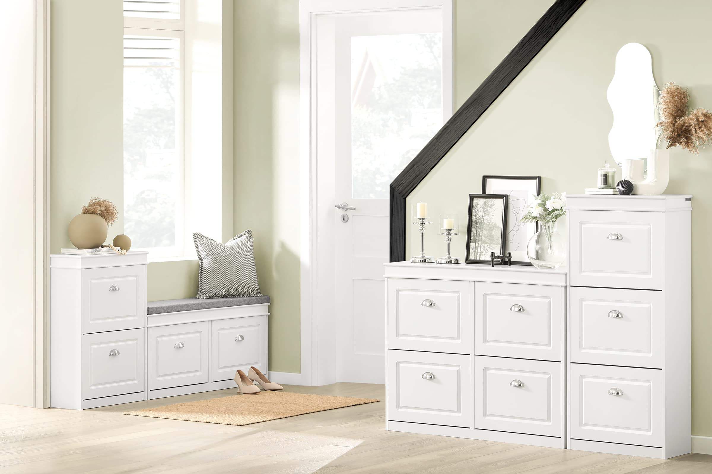 Haotian White Shoe Cabinet with 4 Flip Drawers, Large Freestanding Shoe Rack, Modern Shoe Organizer for Entryway, Hallway, Entance FSR79-W
