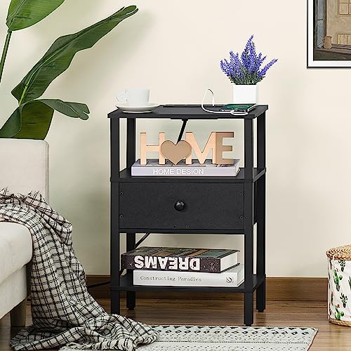 Lerliuo Nightstand with Charging Station and USB Ports, 3-Tier Storage End Table with Drawer Shelf, Night Stand for Small Spaces, Wood Bedside Table for Living Room, Bedroom - Classic Black