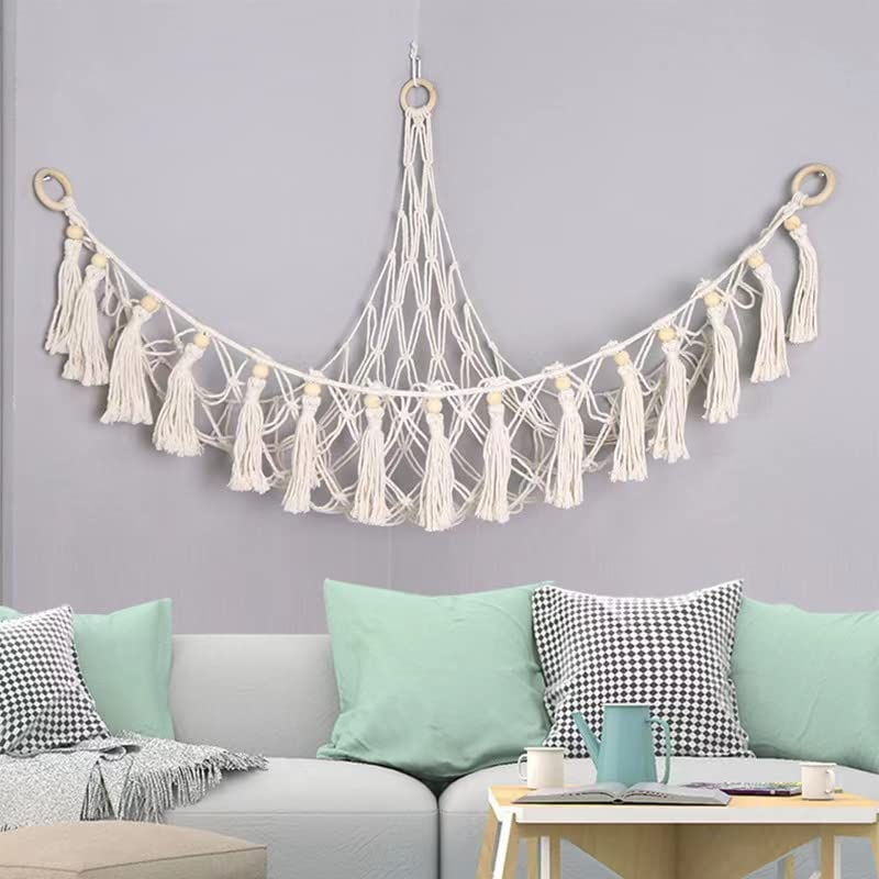 Stuffed Animal Hammock Macrame - Toy Hammock for Stuffed Animals - Stuff Animal Organizer Corner Storage Hanging Fringe - Stuffed Animal Display Holder Net Tassels for Nursery Décor, White (TH-003)