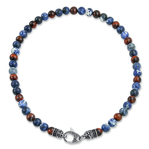 Bali Style Gemstone Blue Sodalite Brown Tiger Eye Ball Bead Strand Necklace for Men Women Stainless Steel Hook Clasp