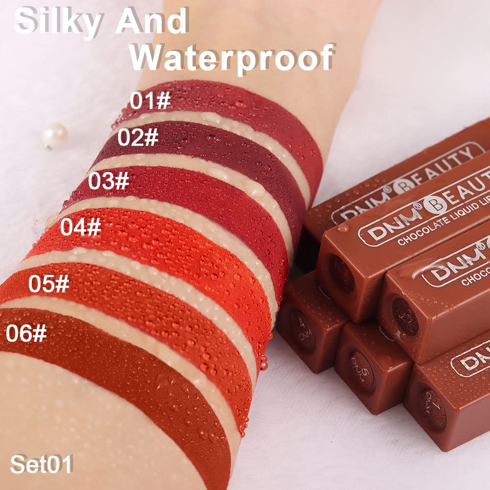 HAOYA 6 Pcs Chocolate Matte Lipstick Lipgloss Lip Gloss Stain Makeup Set, Deep Dark Red 24 Hour Stay on Matte Lipstick Long Lasting labiales matte mate larga duracion 24 horas originales Set02