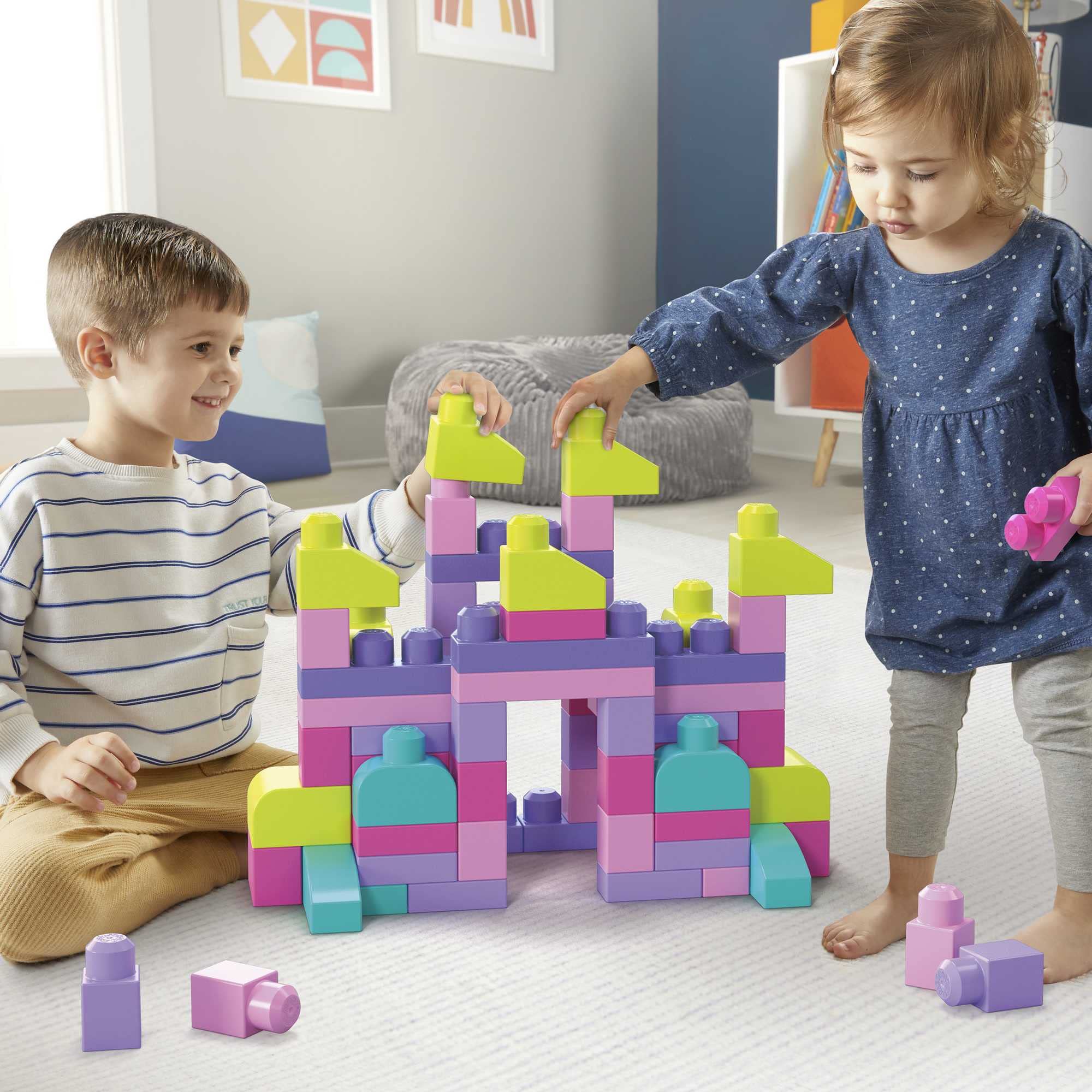 MEGA BLOKS First Builders Big Building Bag + ABC Musical Train, Building Set Bundle, Pink Bag, 130 Pieces