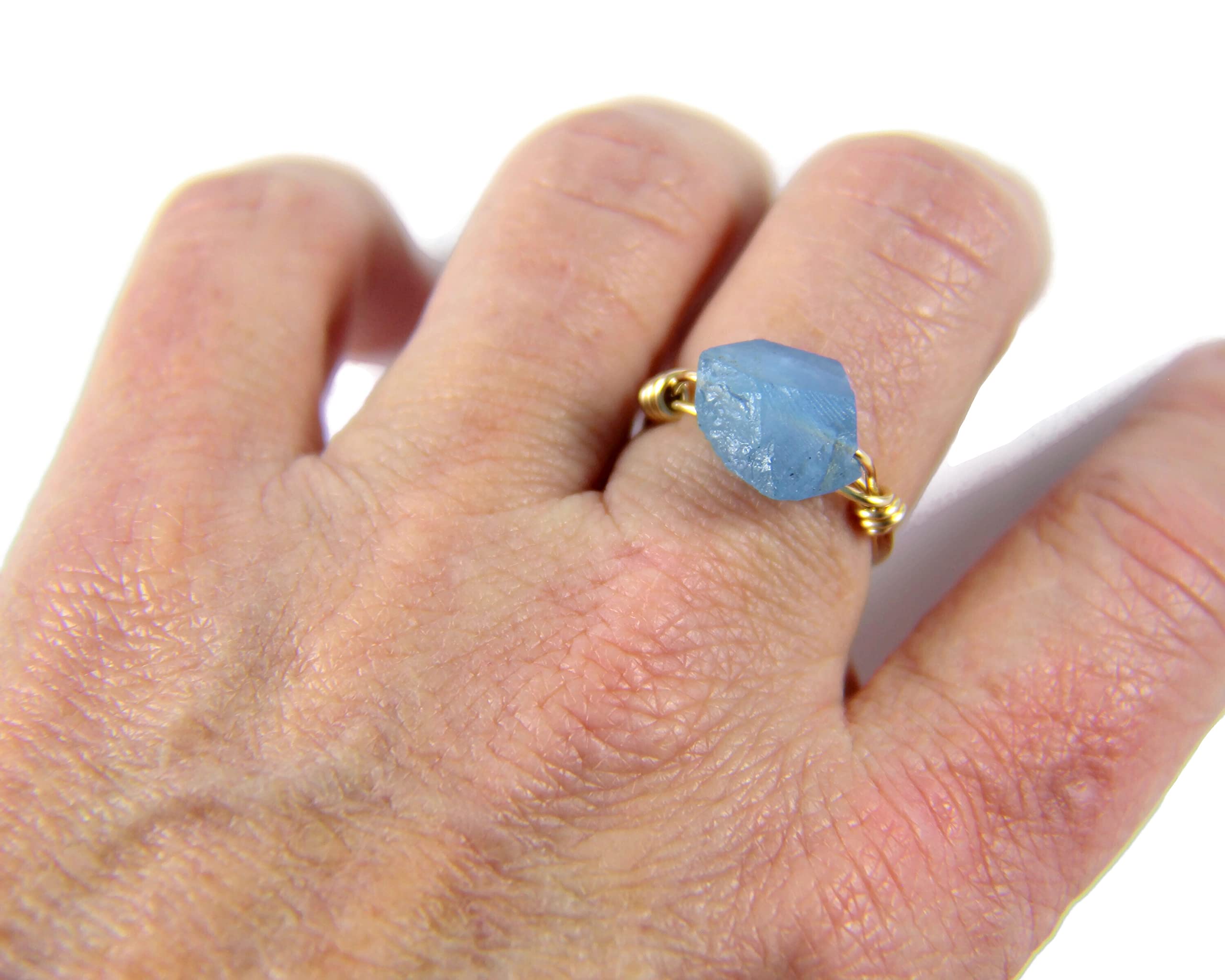 Raw Aquamarine Gemstone Ring, Irregular Shaped Stone Ring, Sterling Silver 14K Gold-Filled 14K Rose Gold-Filled Band, Wire Wrapped Band, March Birthstone, Custom Size, Jewelry Inspirations
