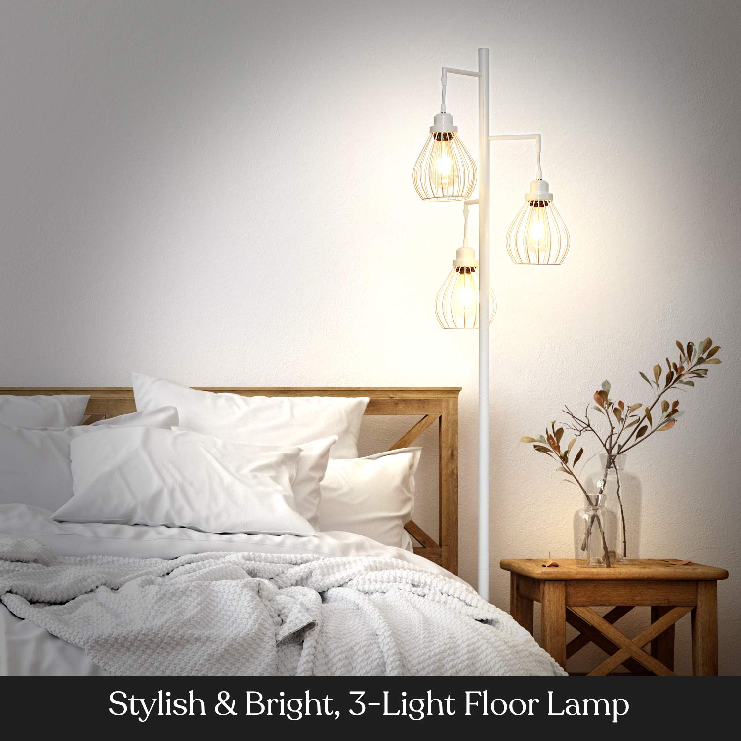 Brightech Teardrop LED Floor Lamp β Tree Standing Lamp with 3 Elegant Cage Heads & Edison Bulbs β Standing Lamp for Living Rooms & Offices β Tall Standing Lamp Ideal for Bedroom Reading β Alpine White
