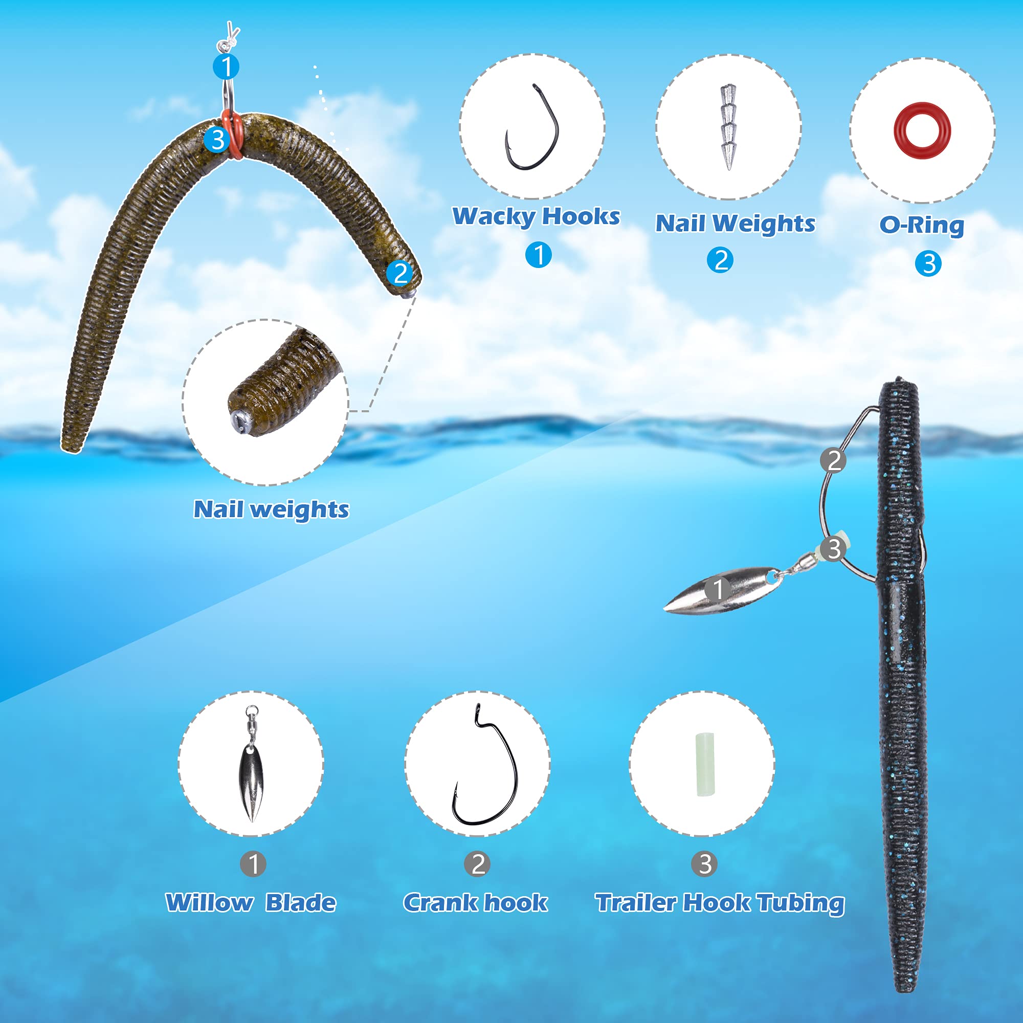Bombrooster Rubber Worms Senkos 4" 5" Salt Impreatation Soft Plastic Lures Kit Bass Fishing with Hook,Blade,Lock