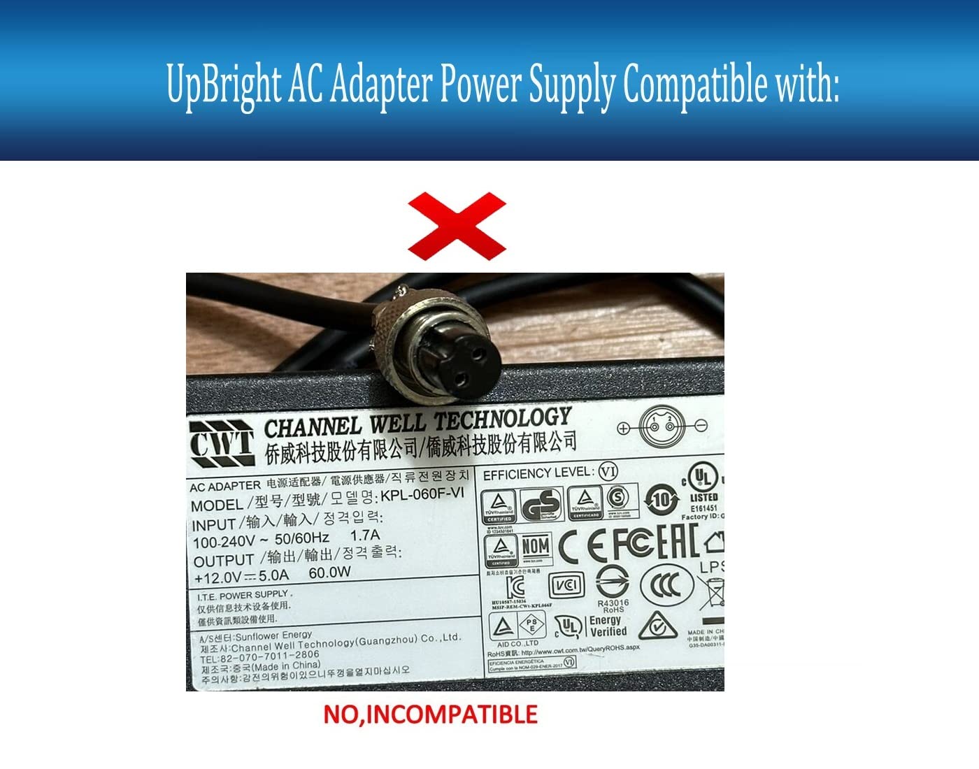 UPBRIGHT 4-Pin DIN 12V AC/DC Adapter Compatible with CWT KPL-060F KPL-060F-VI KPL060F KPL-060FVI KPL060F-VI KPL060FVI Channel Well Technology 12VDC 5A 60W Power Supply Cord Battery Charger Mains PSU