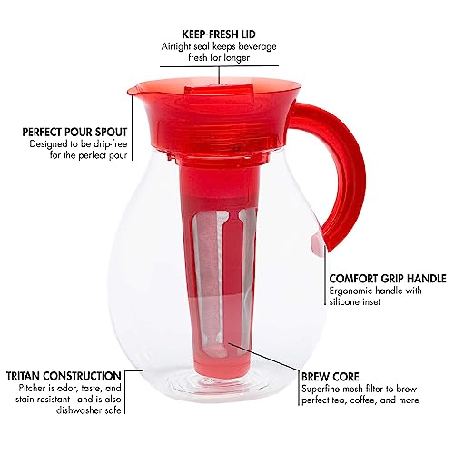 Primula The Big Iced Tea Maker Tritan Plastic Infusion Beverage Pitcher with Leak Proof, Airtight Lid, Fine Mesh Resuable Filter, Manufactured without PFOA, Dishwasher Safe, 1-Gallon, Red