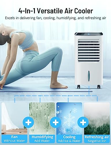 PARIS RHÔNE Evaporative Air Cooler, 4-in-1 Evaporative Cooler, Portable Swamp Cooler with Negative Ion, LED Display, 2.6Gal Water Tank, Remote Control, Casters for Home, Office