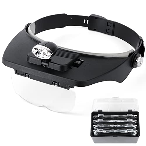 Head Mount Magnifier Optivisor with LED Jewelers Magnifying Glasses 1.2X 2X 1.8X 2.5X 3.5X Optical Headset Magnifying Visor Reading Magnifier Jeweler Loupe with 4 Lens Close Work Magnifier Headset