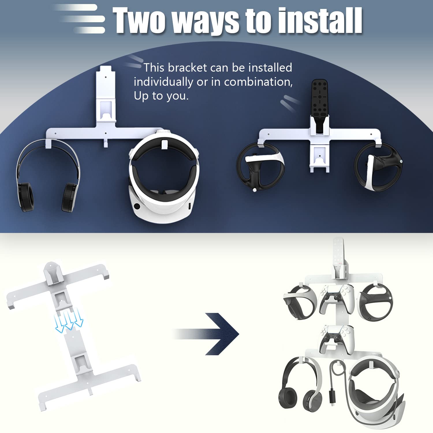 CapzoStone VR Wall Mount Stand for PS5 PS VR2 Set, All in 1 Wall Mount Kit with PS VR 2 Sense Controller and Headset Holder, Compatible with Oculus Quest 2 Accessories