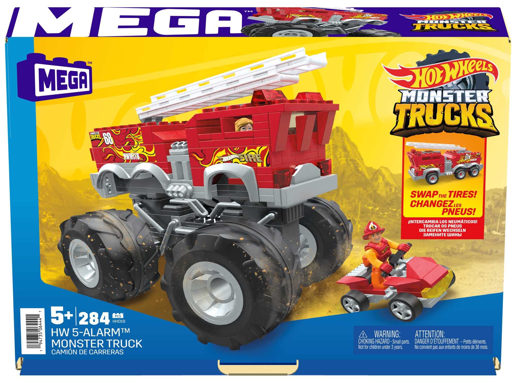 MEGA Hot Wheels Monster Trucks Toy Car Building Set, HW 5-Alaram Fire Truck with 284 Pieces, 1 Micro Action Figure Driver, Red, Kids Age 5+ Years