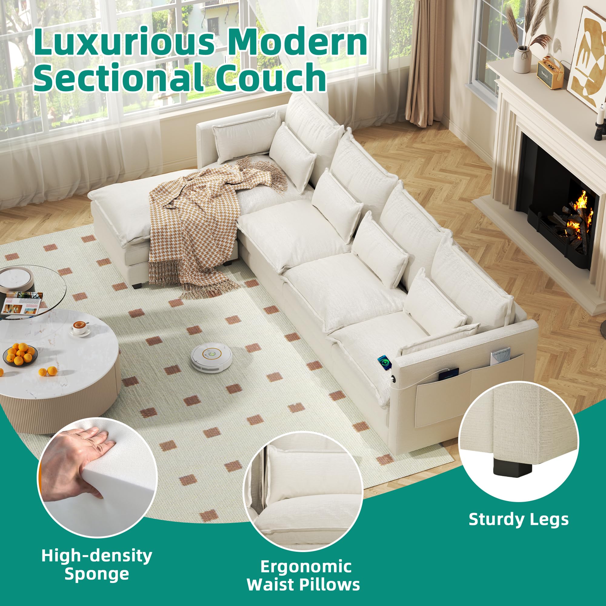 EDWELL Modular Sectional Sofa, Convertible 110" L Shaped Couches with USB & Type-C Ports, Comfy 4-Seater Sectional Couches for Living Room, Modern Cloud Couch Sectional with Moveable Ottoman, Beige