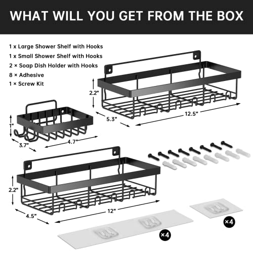Derpras【2022 Upgrade No Drilling Shower Caddy Shelf Organizer Set with 2x Soap Holders & 2x Shower Wall Shelves with Hooks for Inside Shower & Kitchen (Black)