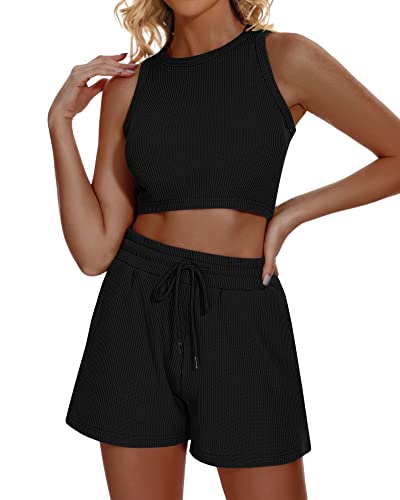 Funlingo Women's 2023 Waffle Knit Sleeveless Crop Top and Shorts Lounge Pajama Matching Sets Sweatsuits Tracksuits 2 Piece Summer Outfits Black M