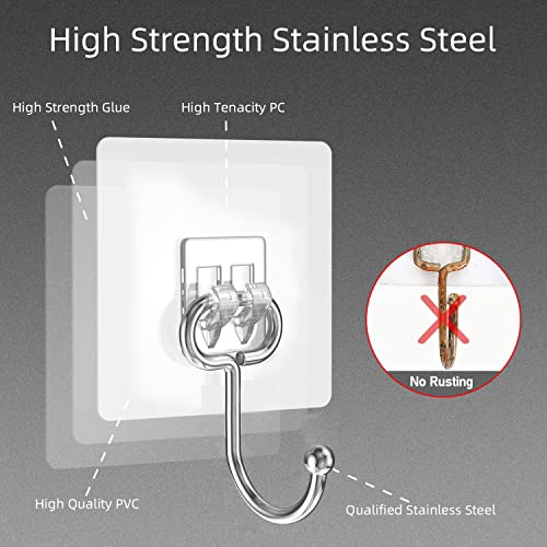 Large Adhesive Hooks 44Ib(Max),Waterproof and Rustproof Wall Hooks for Hanging Heavy Duty,Transparent Reusable Seamless Hooks Nail Free Sticky Hangers to use Home and Outdoor(10 Packs - Oval)