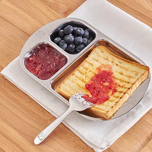 Kiddobloom Baby Stainless Steel Utensil Set. Education Series. Stainless #304 (18/8) 5pc Set (2 Spoons, 2 Forks, 1 Baby Butter Spreader/Food Pusher). Suitable for Baby Feeding/Weaning. Elegant Gift