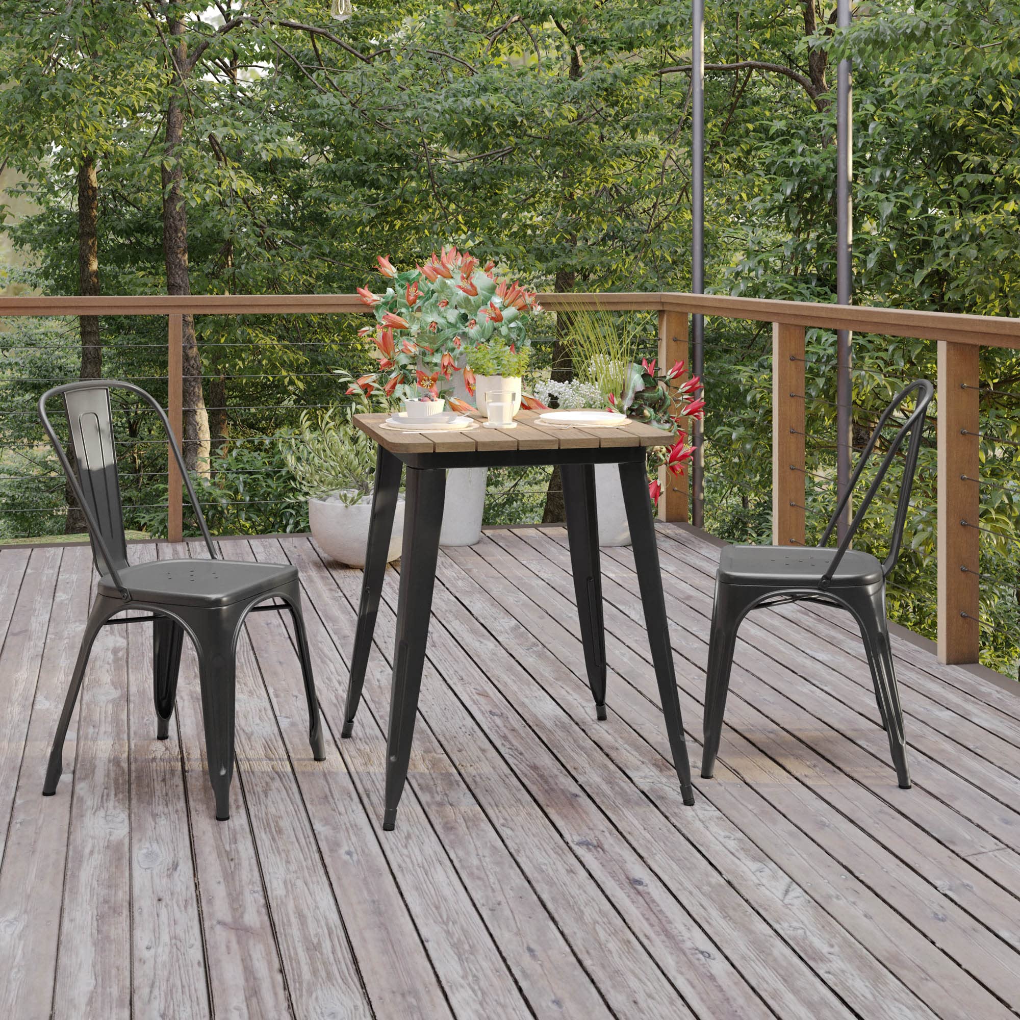 Flash Furniture Declan Commercial Outdoor Dining Table, All Weather Poly Resin Top with Steel Base, 23.75" Square, Brown/Black