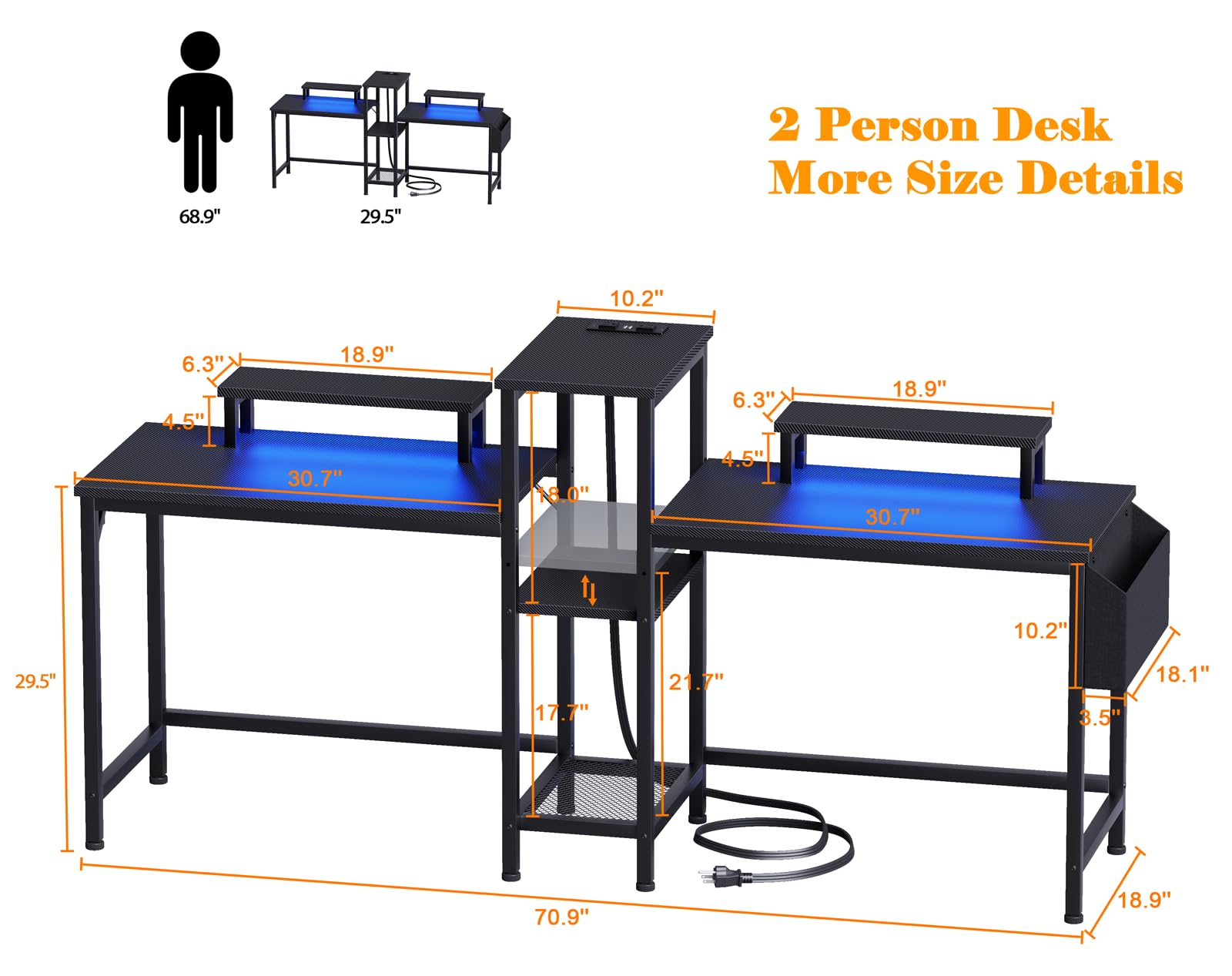 Furologee 2 Person Gaming Desk with LED Lights, 71 Inch Computer Desk with Power Outlets and Monitor Stand, Double Desk with Storage Bag and Headphone Hooks, Study Writing Table for Home Office, Black