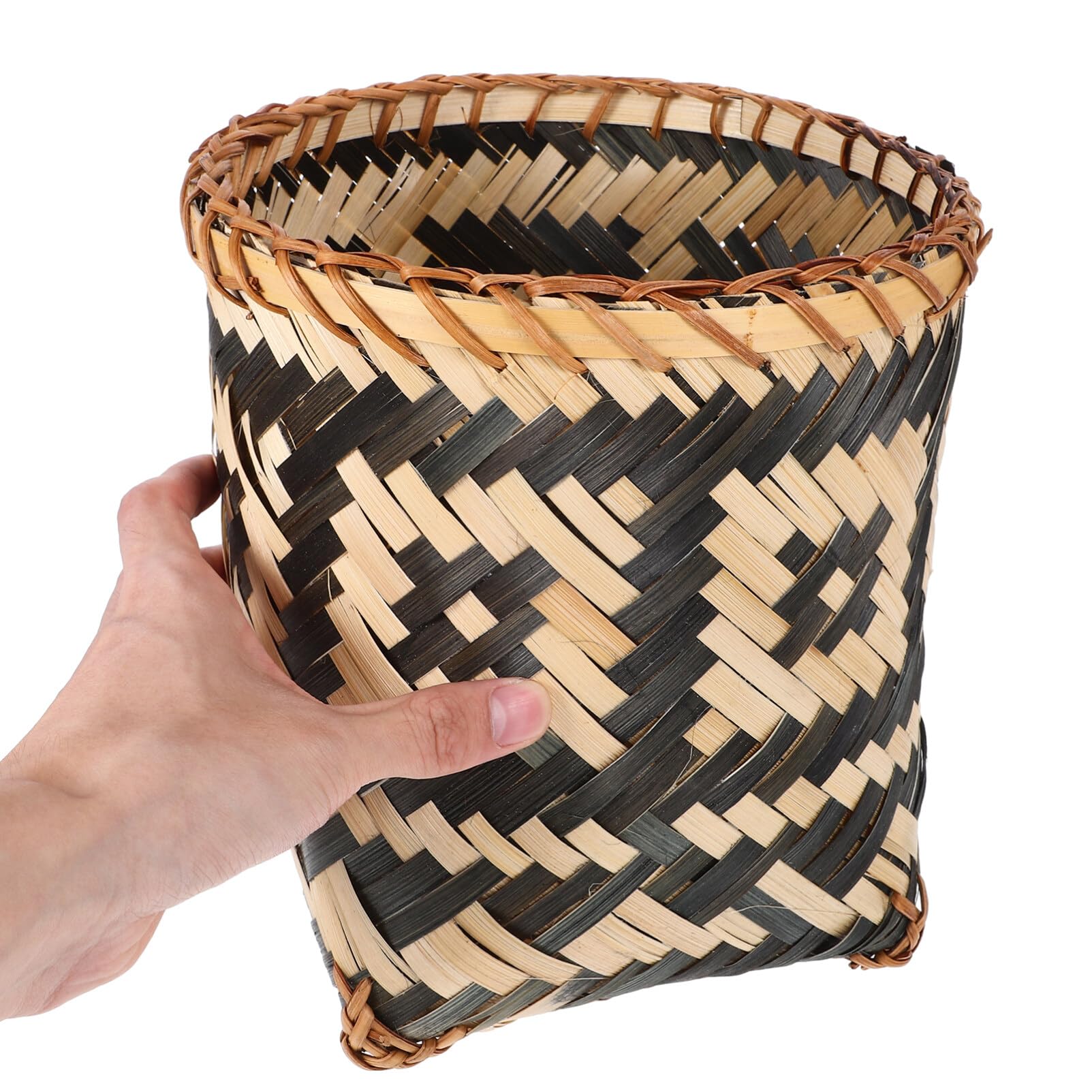DEARMAMY Bamboo Woven Trash Can, Rattan Garbage Bin Wicker Laundry Basket Round Waste Basket Rubbish Storage Container Waste Paper Bin Plant Flower Pot for Under Desk Office