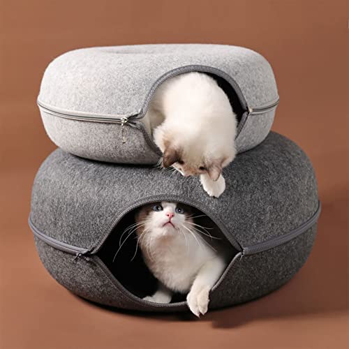Large Cat Tunnel Bed for Indoor Cats with 3 Toys, Scratch Resistant Donut Cat Bed, for Cats up to 22 Lbs (L(24x24x11), Dark Grey)