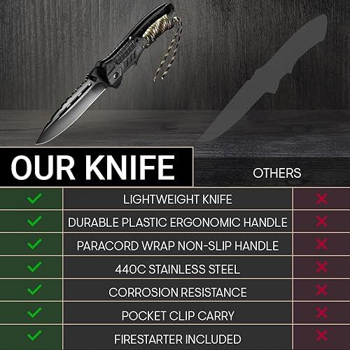 Grand Way Pocket Knife - Tactical Folding Knife - Spring Assisted Knife with Fire Starter Paracord Handle - Best EDC Survival Hiking Hunting Camping Knife - Knife with Firestarter and Whistle 6772