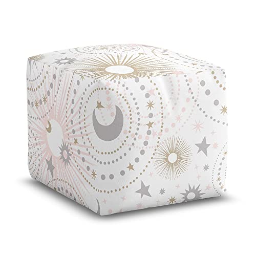 Sweet Jojo Designs Blush Pink Gold Star and Moon Girl Ottoman Pouf Cover Unstuffed Poof Floor Footstool Square Cube Pouffe Storage for Baby Nursery Kids Room Grey Celestial Sky Stars Gray Shabby Chic