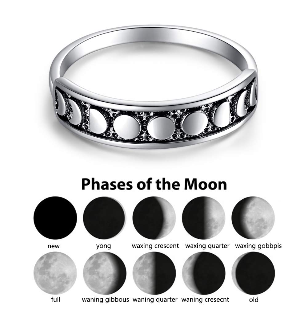 Bamos Moon Phase Engagement Ring, Pure 925 Sterling Silver Moon Ring Wedding Ring for Women, 9 Moon Phases from New Moon to Old Moon on Chrome Plated Mesh Base, Size 6 7 8 9 10