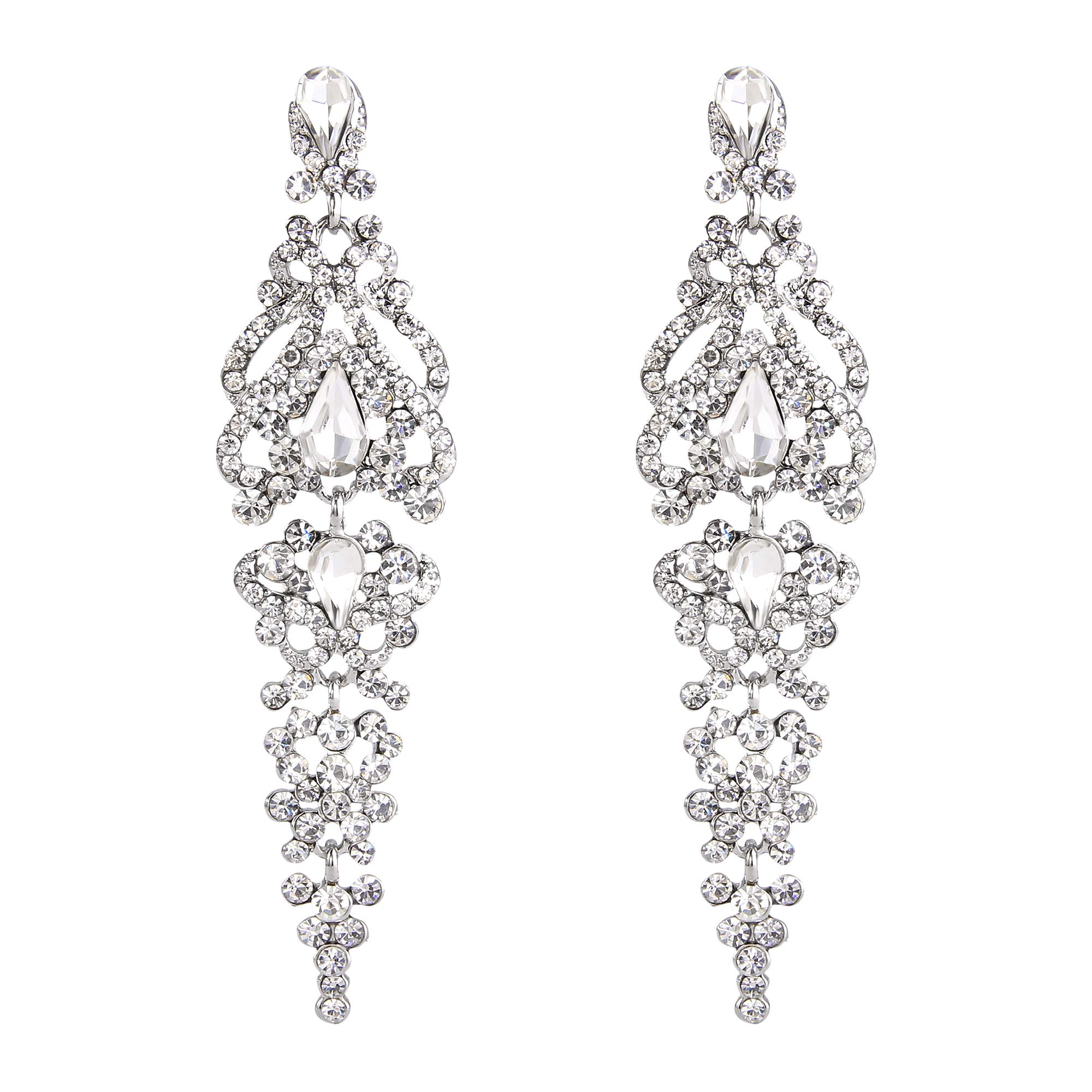 BriLove Wedding Bridal Dangle Earrings for Women Crystal Cluster Teardrop Earrings Clear Silver-Tone