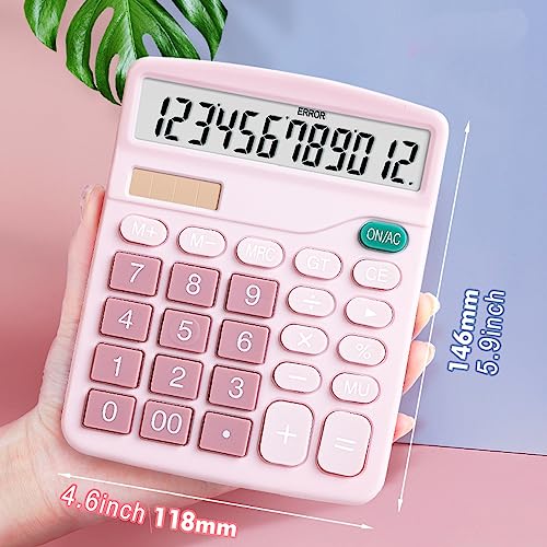 DEXIN Pink Office Desk Calculator, 12-bit Solar Battery Dual Power Standard Function Electronic Calculator with Large LCD Display (1PACK,Pink)