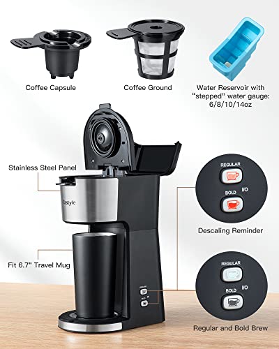 Tastyle Single Serve Coffee Maker for K Cup & Ground Coffee, Regular and Bold Brew Options, Small Coffee Machine Single Cup with Descaling Reminder, Fits Travel Mug, 6 to 14 Oz Brew Size, Black