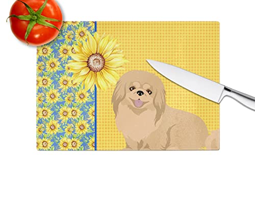 Caroline's Treasures WDK5454LCB Summer Sunflowers Gold Pekingese Glass Cutting Board Large Decorative Tempered Glass Kitchen Cutting and Serving Board Large Size Chopping Board