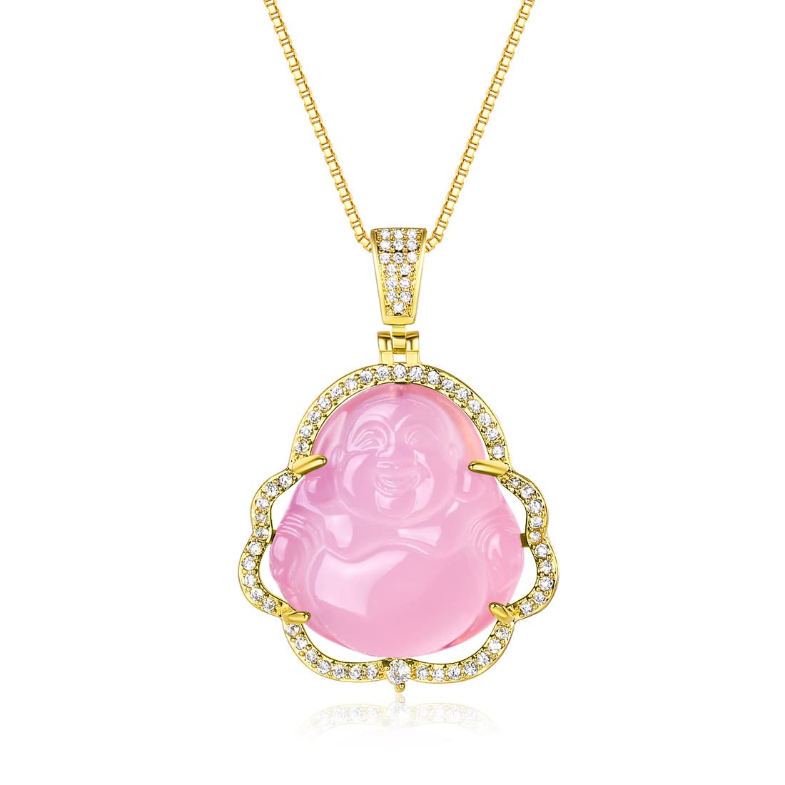 Buddha Pendant Pink Jade Buddha Necklace Silver Iced Out Bling Cubic Zirconia laughing Buddha Pendant Necklace
