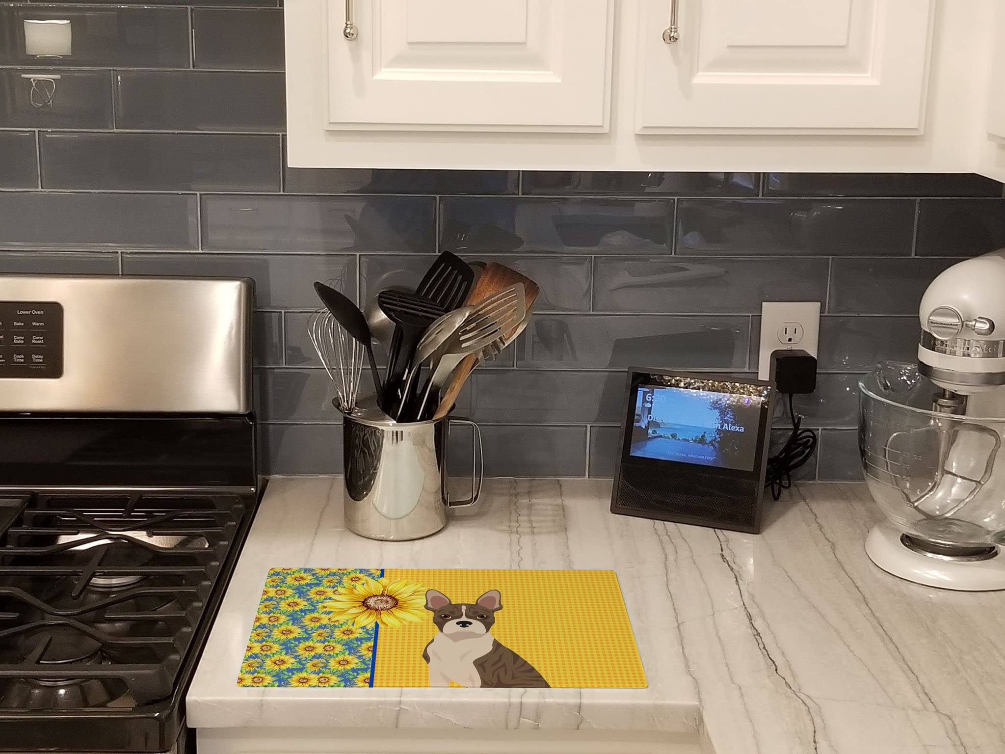 Caroline's Treasures WDK5337LCB Summer Sunflowers Brindle Boston Terrier Glass Cutting Board Large Decorative Tempered Glass Kitchen Cutting and Serving Board Large Size Chopping Board