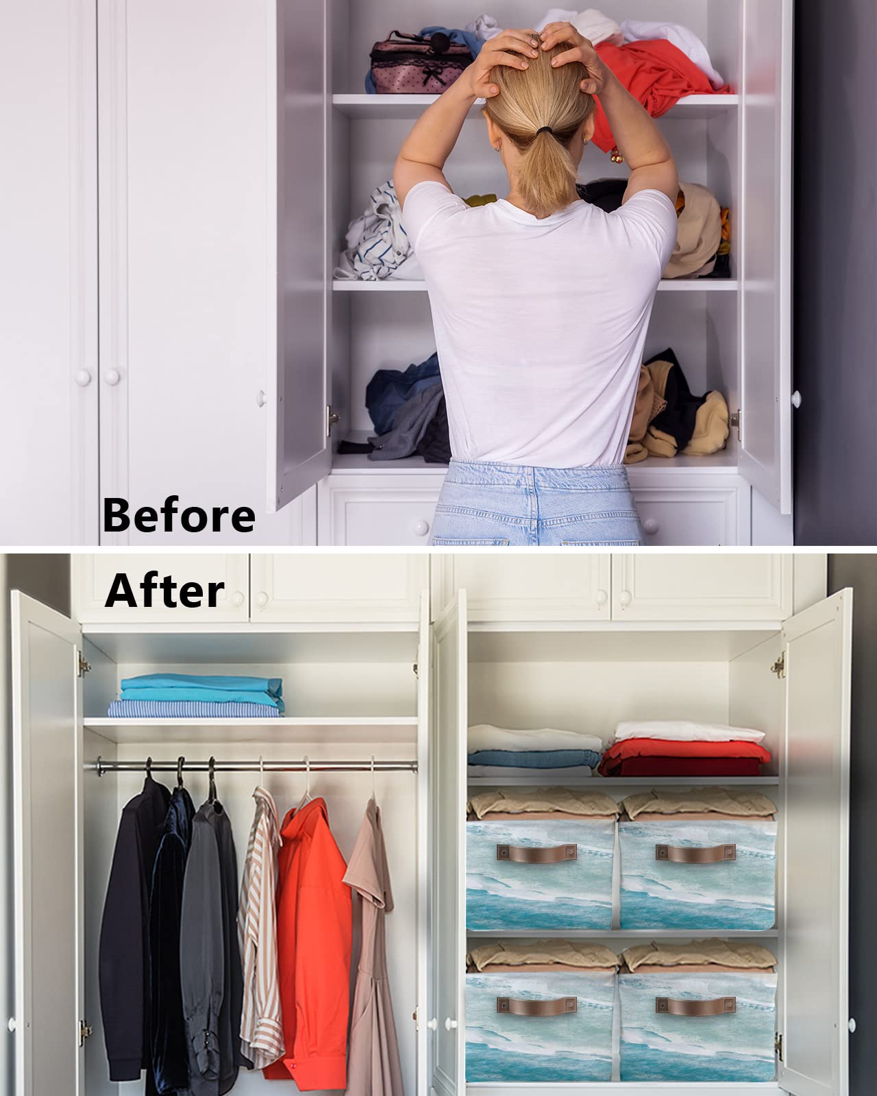 DecorLovee Summer Beach Storage Basket Waterproof Cube Storage Bin Organizer with Handles, Ocean Nautical Coastal Seaside Aqua Beige Collapsible Storage Cubes Bins for Clothes Books 15"x11"x9.5" 1 Pcs