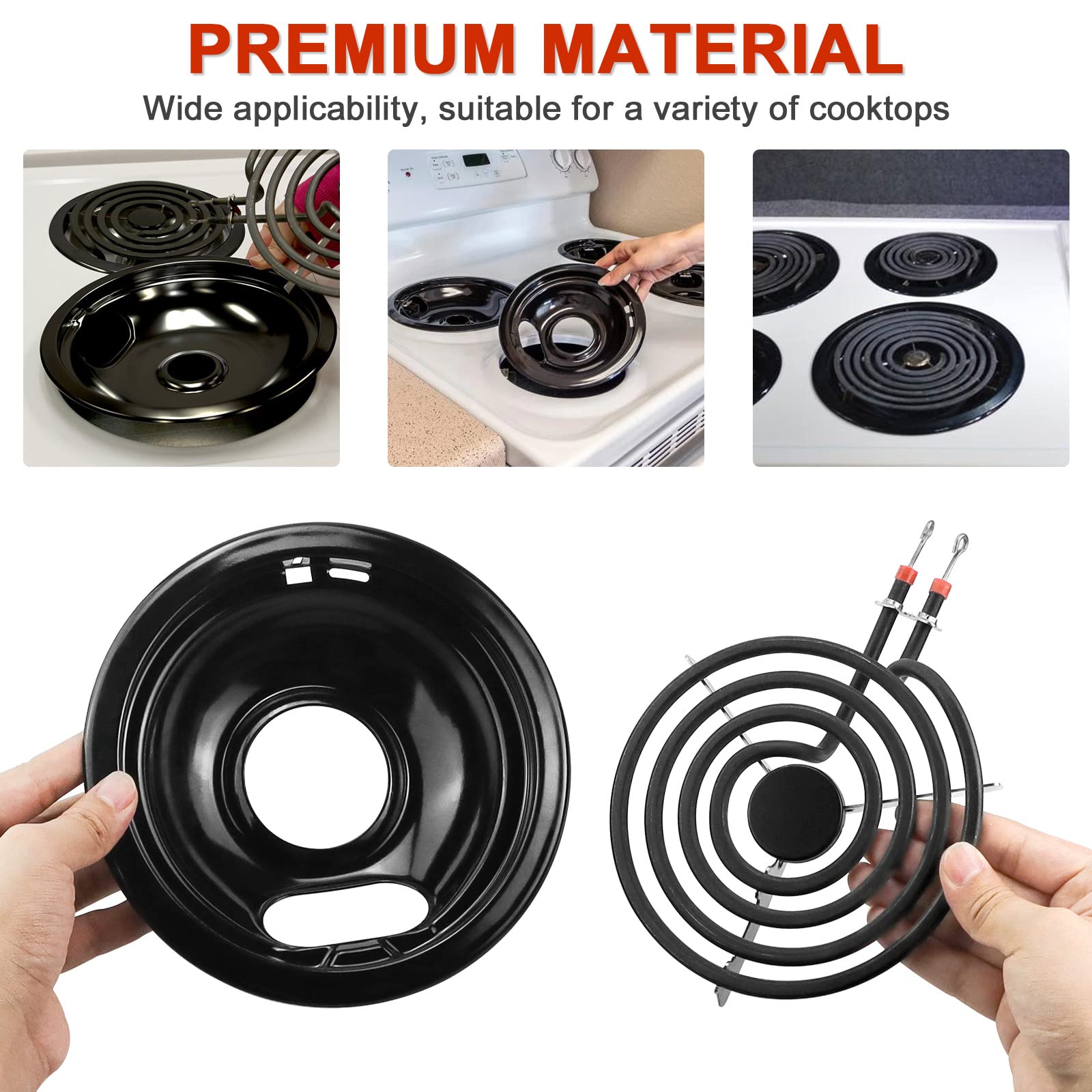 W10290350 W10290353 Black Porcelain Burner Drip Pans By AMI PARTS - Replacement for Whirl-pool Electric Range Cooktop - Includes 2 8-Inch and 2 6-Inch Pans