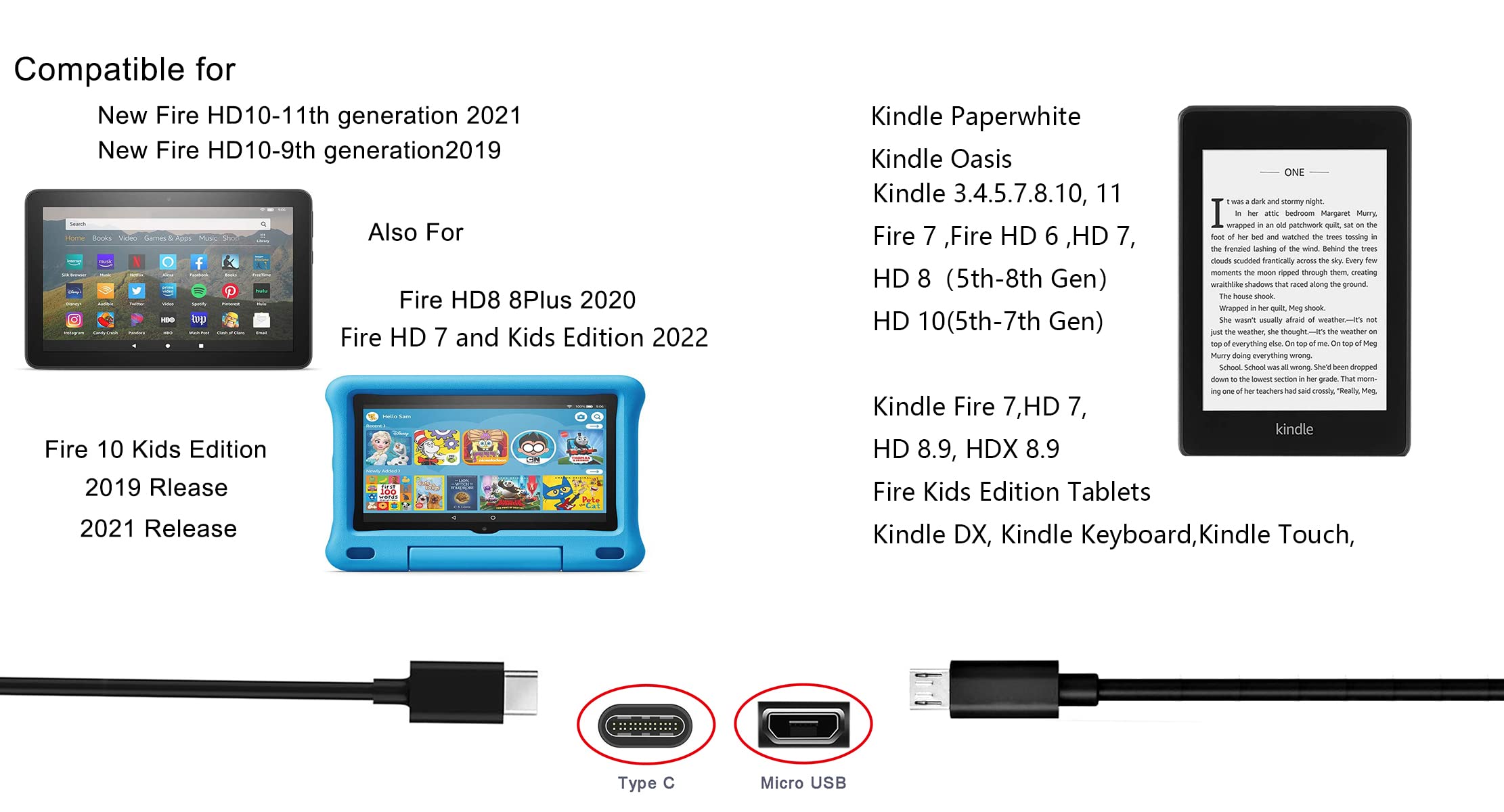 Charger for Kindle Fire, Include 6Ft USB Cable for Charging New Fire HD Tablet and E-reader(Fit for Fire HD 6 7 8 10,Fire 7 8 10 Plus and Kids Edition,Kids Pro,Kindle E-reader,Paperwhite,Oasis)
