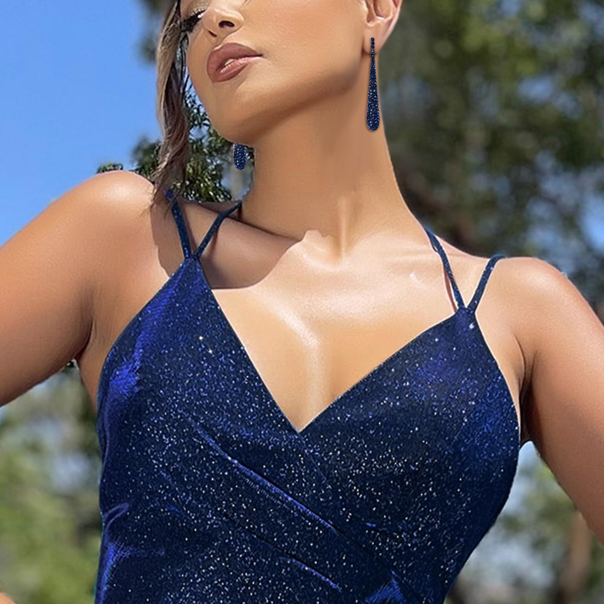 BriLove Wedding Bridal Elegant Crystal Beaded Teardrop Long Dangle Earrings for Women Navy Blue Black-Tone