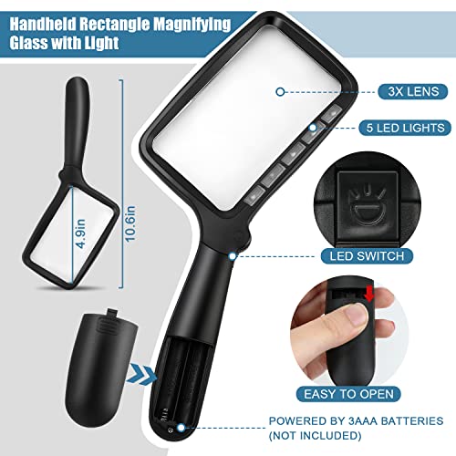 Folding Handheld Magnifying Glass with Light, 3X Large Rectangle Reading Magnifier with Dimmable LED for Seniors with Macular Degeneration, Newspaper, Books, Small Print, Lighted for Low Visions Black