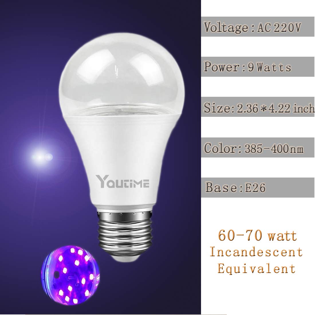 Black Lights Bulbs, 9W A19 E26 Bulb,UVA Level 380-400nm,UV LED Bulbs for Black Light Party Birthday Wedding Christmas Body Paint, Fluorescent Poster, Neon Glow (4pack)