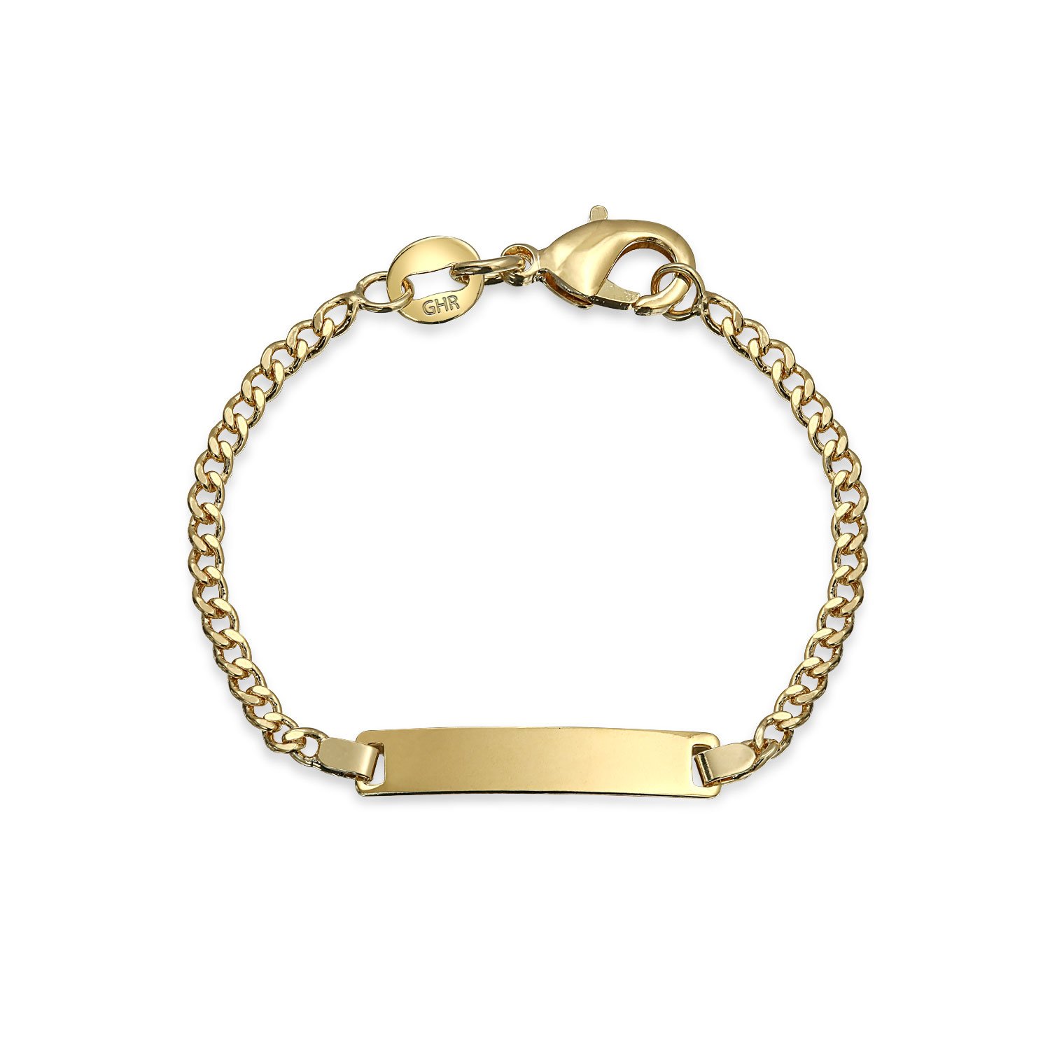 Bling Jewelry Personalized 18K Gold Plated Brass Tiny Identification Tag ID Bracelet Lightweight For Small Wrists 5 Inch Custom Engraved