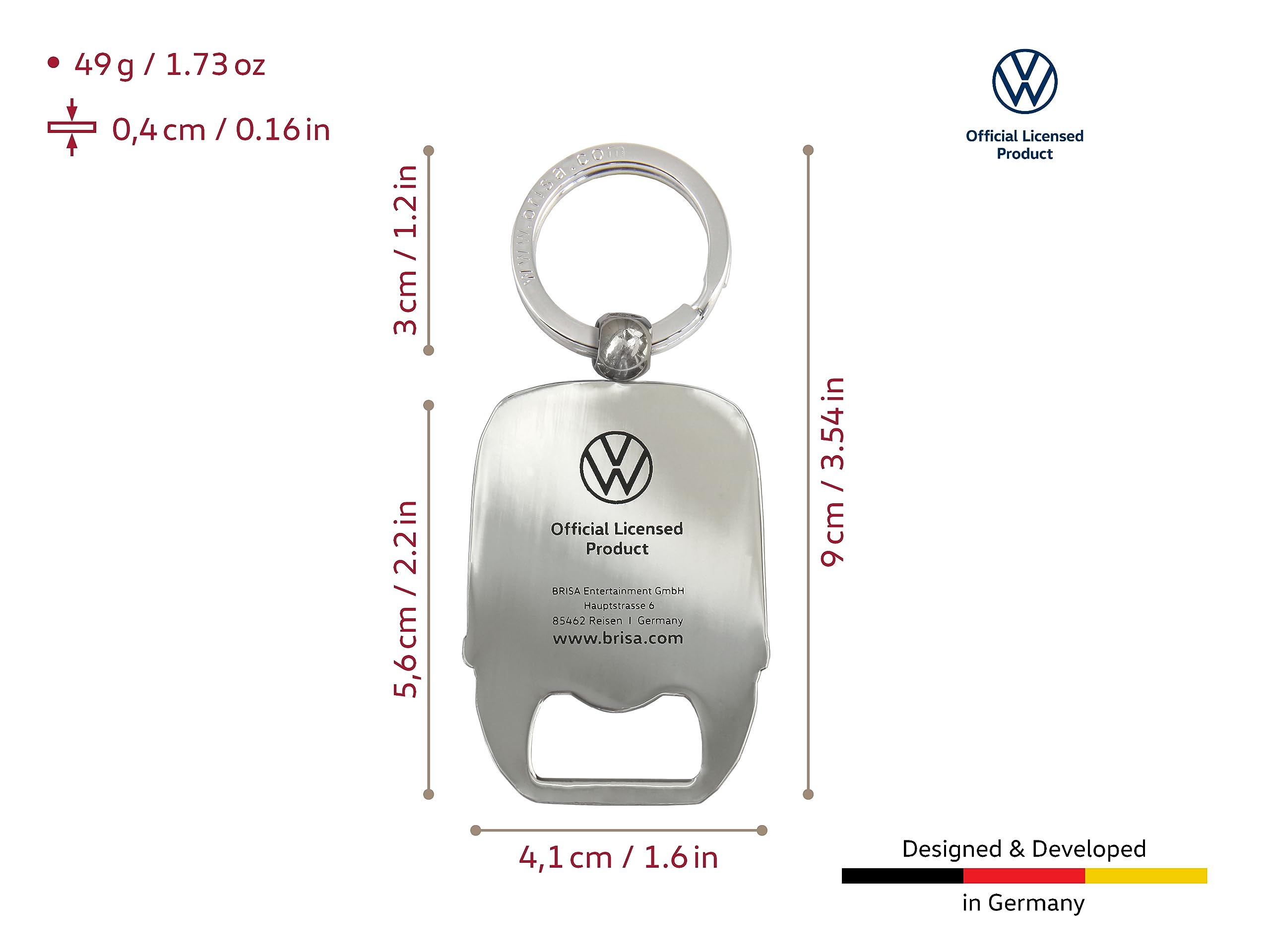 BRISA VW Collection - Volkswagen Keychain Ring Keychain Accessory Keyholder with Bottle Opener in Beetle, T1, T2 Bus Design (T2 Bus/Orange)