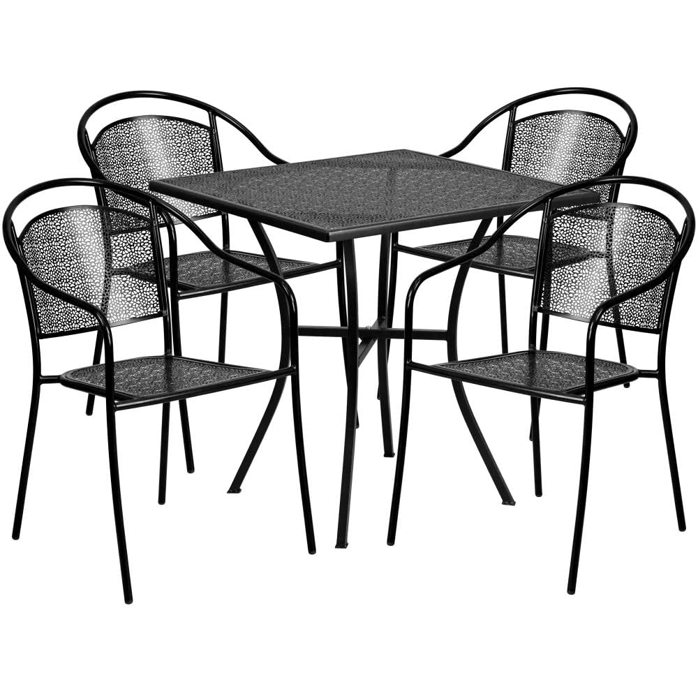Flash Furniture Oia Commercial Grade 28" Square Black Indoor-Outdoor Steel Patio Table Set with 4 Round Back Chairs
