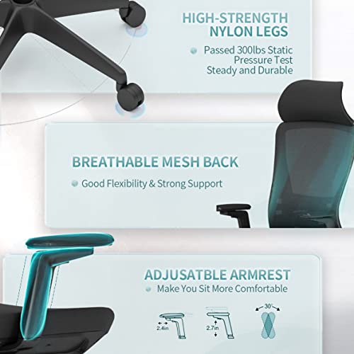 FANMEN Home Office Desk Chair, Ergonomic Mesh Executive Office Chair with 3 Position Tilt Function, Comfortable High Back Black Computer Chair with 3D Adjustable Armrest & Lumbar Support